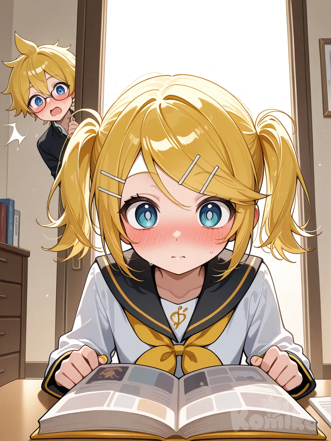 AI 艺术: @Kagamine_Rin, 看BL漫被男生發現 | KomikoAI