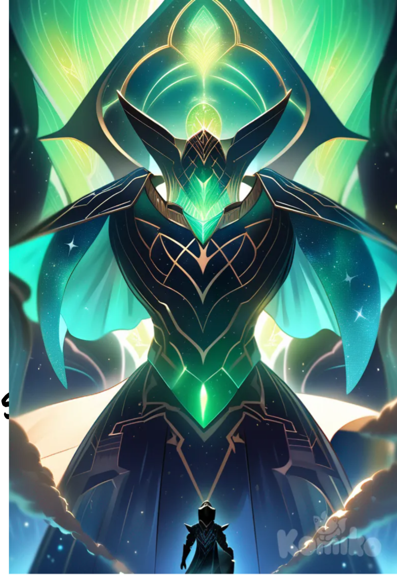 AI Art: He floats above a glowing emerald Time ... | KomikoAI